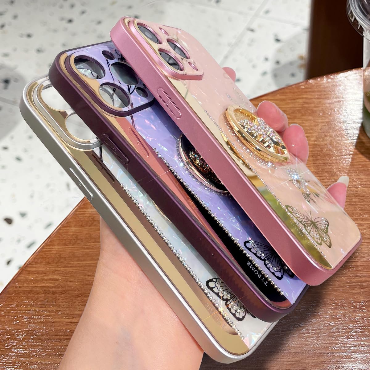 AMAZFCCY iPhone 13 Pro Max 6.7'' Kickstand Case, [Upgraded Metallic Paint] Cute 3D Butterfly Bling Glitter Luxury Rhinestone Hard Back Soft TPU Bumper for Apple iPhone 13 Pro Max 2021 (Purple)