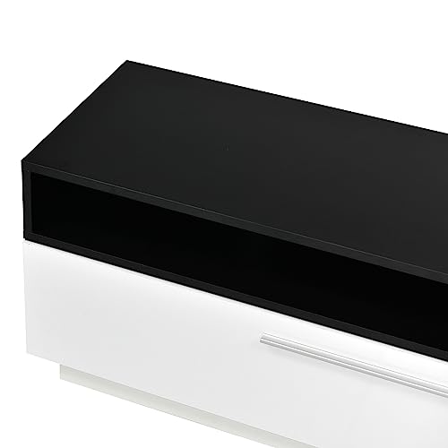 Polibi Modern TV Stand with Wooden Shelves and Silver Handle, High Gloss Media Console Table with Large Drawer and Storage Cabinet, Living Room Entertainment Center for TVs up to 70", White