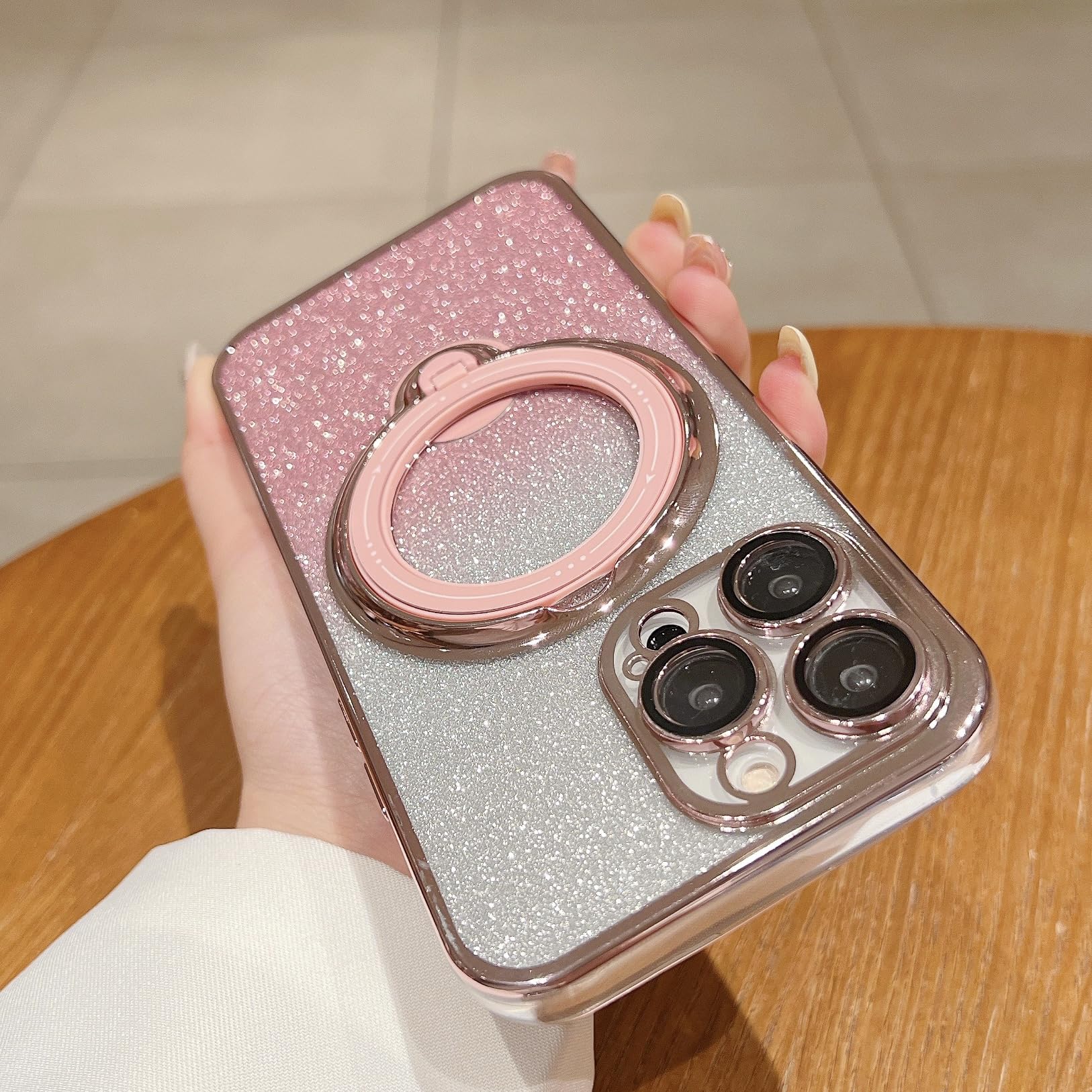 Misscase Magnetic Glitter for iPhone 14 Pro Max Case Compatible with MagSafe,Full Protection Slim Rotatable Ring Holder Kickstand Shockproof Anti-Scratch Case with Camera Lens Protector Pink