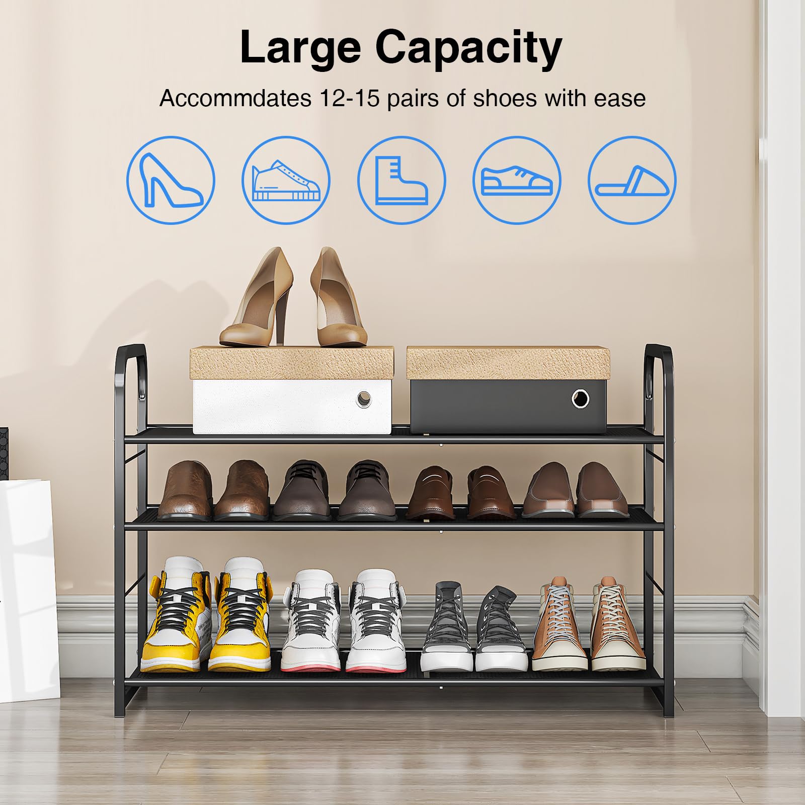 AIYAKA 3-Tier Shoe Rack Storage Organizer, Metal Stackable and Adjustable Shoe Rack for 12 Pairs of Shoes for Entryway Closet Doorway, Black