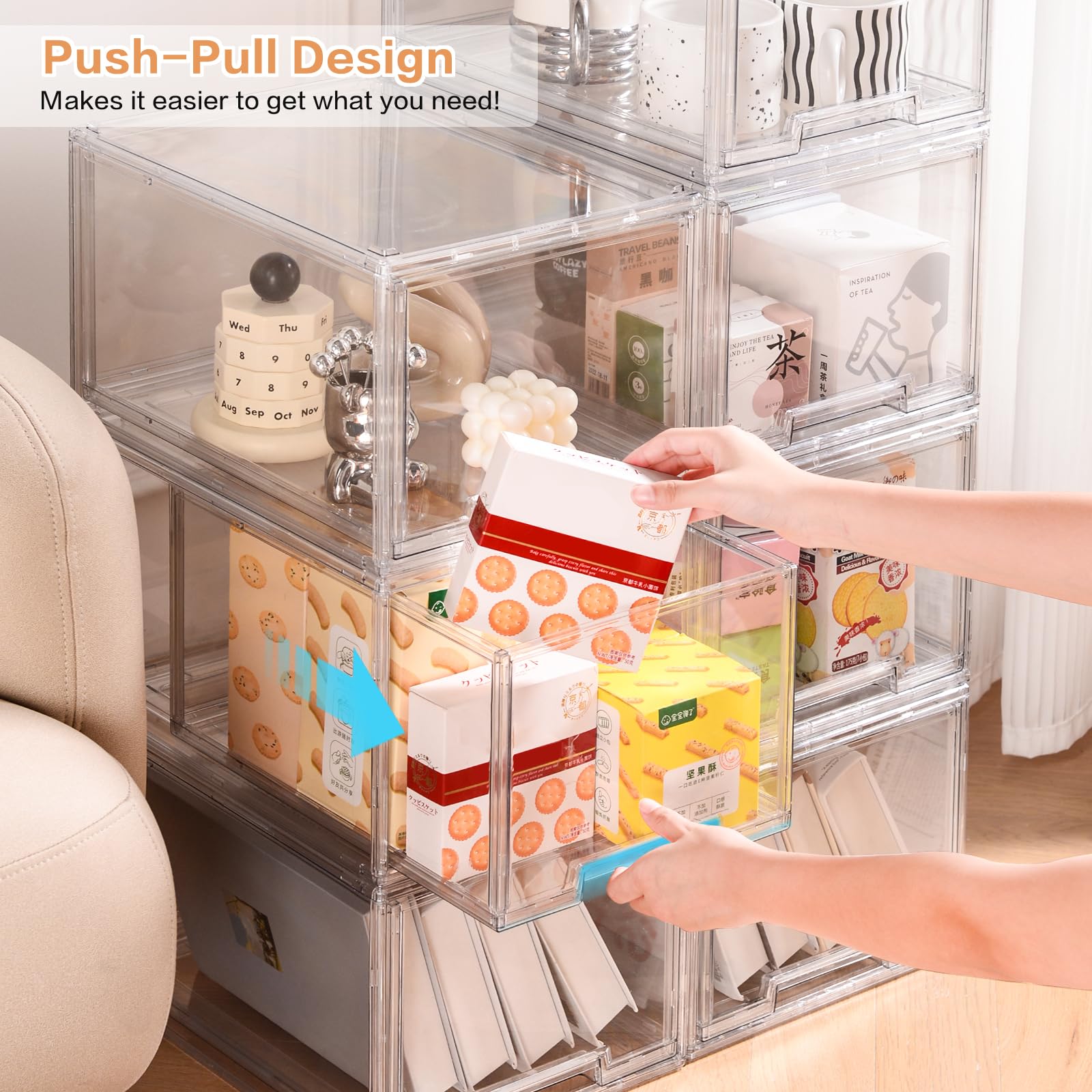 3 Packs Plastic Stackable Storage Drawers, DILIBRA Clear Storage Bins Organizer with Pull Out Drawer for Kitchen Cabinet Pantry Fridge Freezer Shelf Refrigerator Organization and Storage