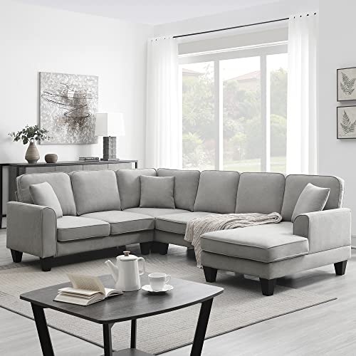Lifeand Modern U-Shaped, 7 Seat Fabric Sectional Set with 3 Pillows Included Sofas, Light Grey