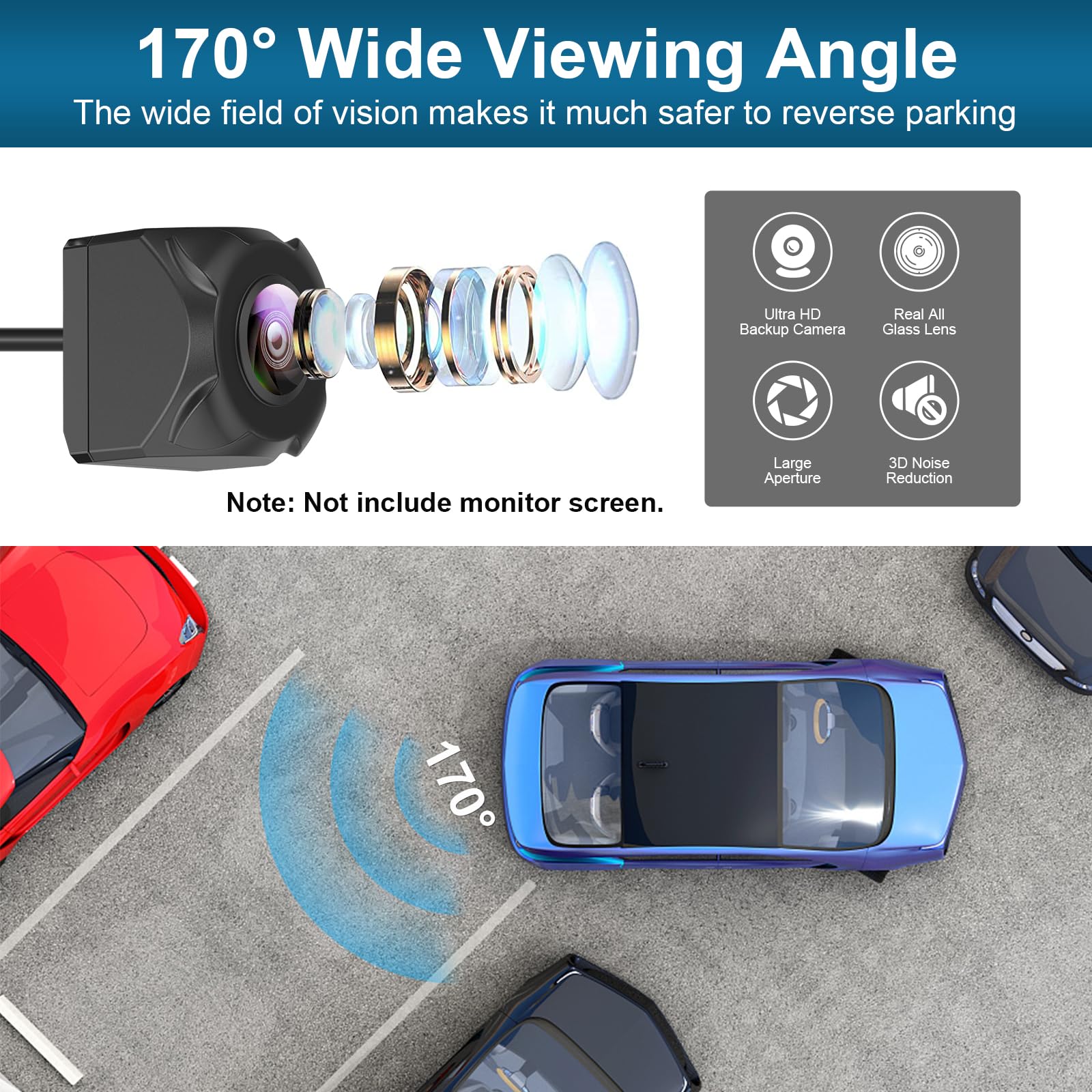 Car Backup Camera, 170 Degree Wide Angle Rear View Camera, HD Night Vision Reverse Camera, IP69K Waterproof License Plate Backup Camera for Vehicle, SUV, RV, Pickup Trucks, Van
