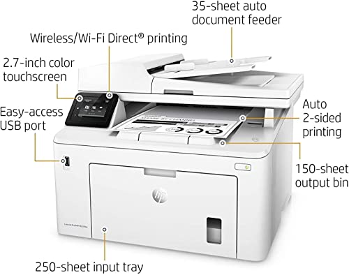 HP Monochrome Laserjet Pro MFP M227fdwL Wireless AIO Printer, 2.7" Touch Screen, Print Copy Scan Fax, 1200x1200 dpi, Up to 30ppm, Auto Duplex Printing, 35-Sheet ADF with Printer Cable