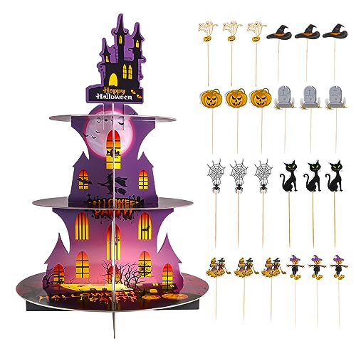 3-Tier Halloween Cupcake Stand, Round Pumpkin Fright Nights Pattern Cardboard Dessert Plates Cake Fruit Cupcake Holder Candy Display Tower Tray for Party Decorations (25pcs, Castle + Cake tag)