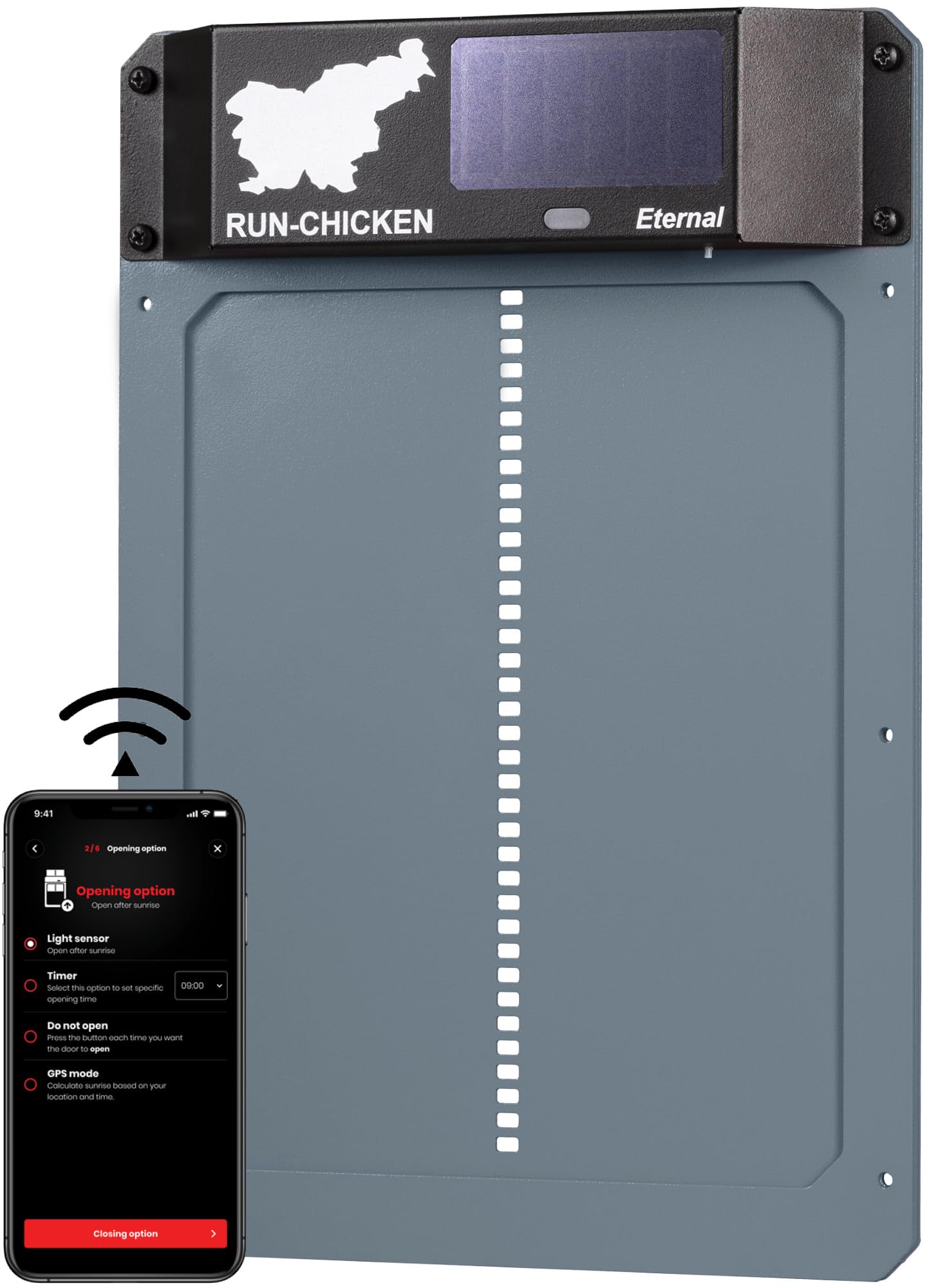 RUN-CHICKEN Door (Gray) Solar Chicken Coop Door, Battery Powered Automatic Chicken Coop Door, Programmable Electric Chicken Door with Timer, Light Sensor, Solar Powered, Eternal