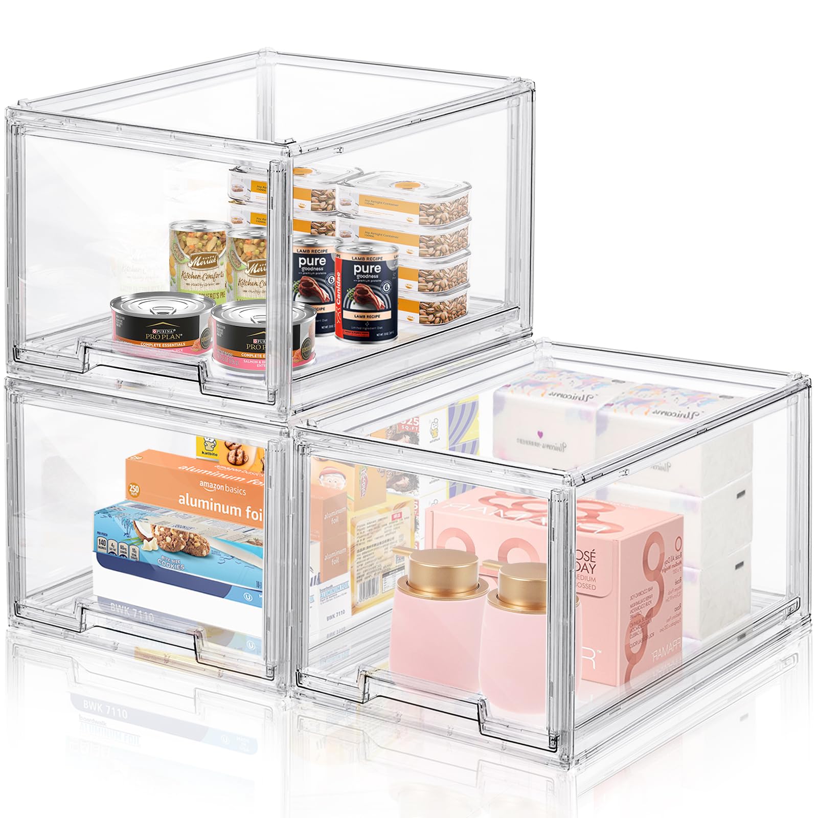 3 Packs Plastic Stackable Storage Drawers, DILIBRA Clear Storage Bins Organizer with Pull Out Drawer for Kitchen Cabinet Pantry Fridge Freezer Shelf Refrigerator Organization and Storage