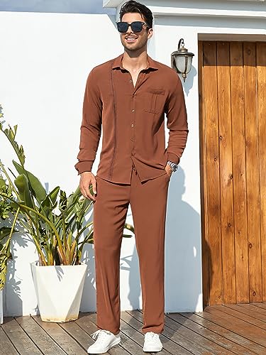 HANXMEN Men 2 Piece Linen Set Long Sleeve Button Down Cuban Shirt Casual Loose Pants Beach Vacation Outfits With Pocket,Brown,L