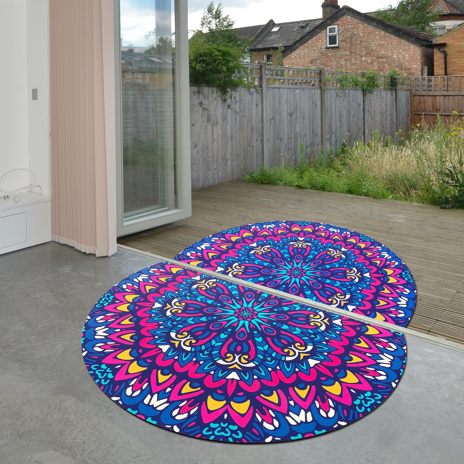 (2 PCS) Diatomaceous Earth Boho Half Round Indoor Outdoor Mat,Bohemian Red Blue Flower Entryway Rug,Rubber Backing Non Slip Door Mats,36''x24'' (r2)