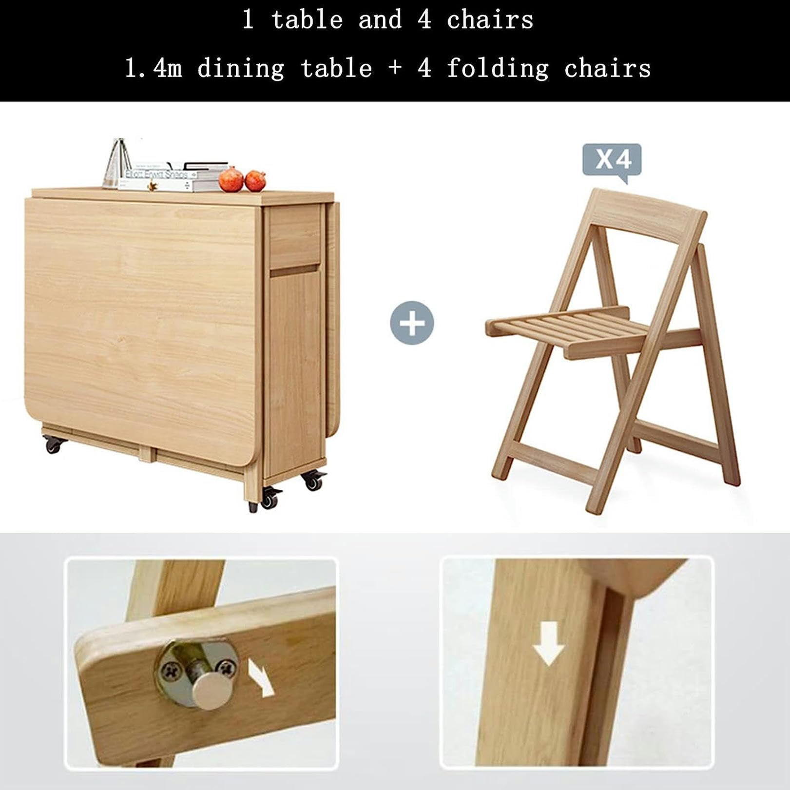 Shykey Extendable Dining Table Set, Wooden Drop Leaf Table with 4 Dining Chairs, Folding Dining Table for Kitchen Restaurant Dining Room Living Room-140cm