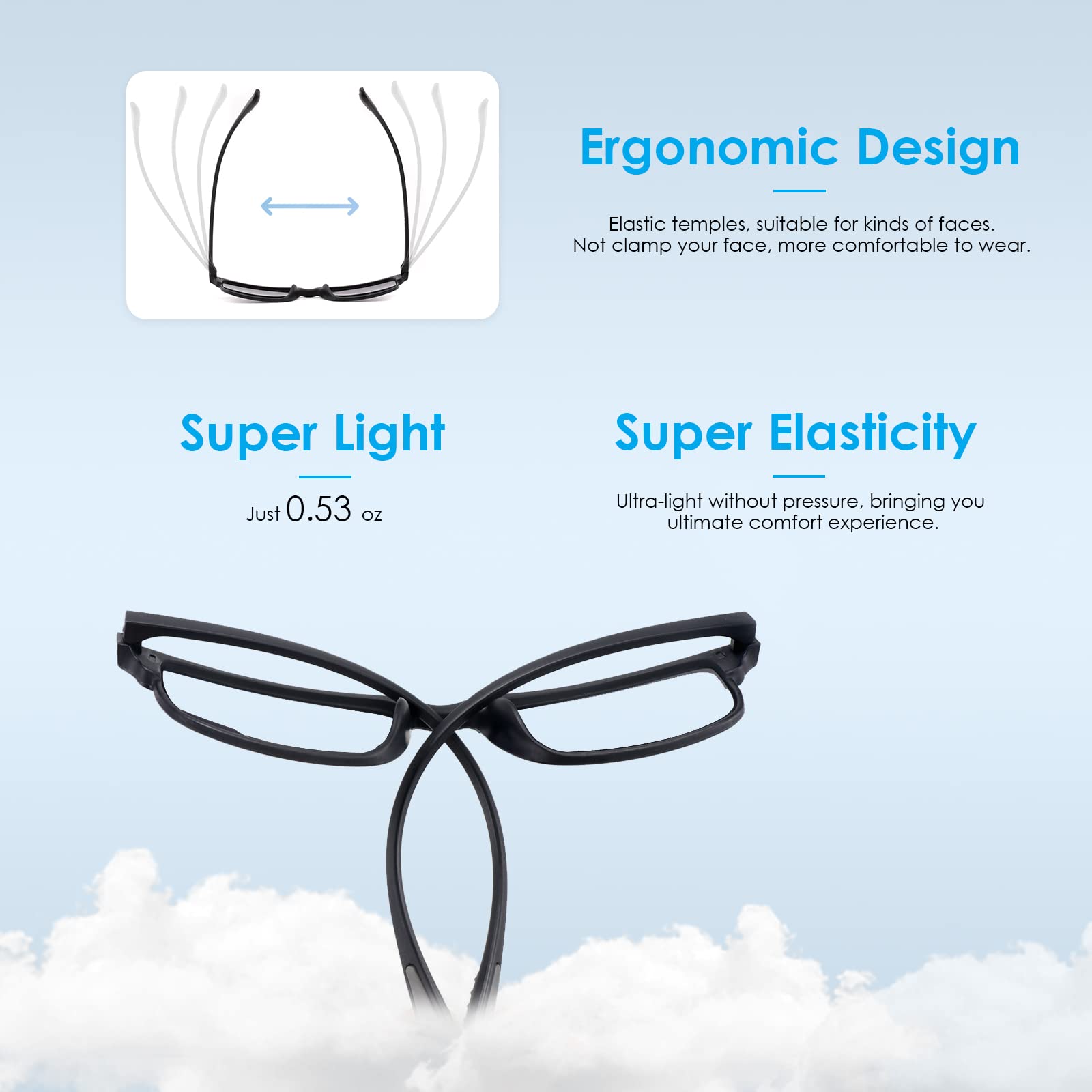 CARA OPTICAL Premium 2 Pack Progressive Multifocus Reading Glasses, Flexible Lightweight TR90 Frame Blue Light Blocking Computer Readers, Standard for Distance Range Approx 20ft (Black & Blue, 2.0x)