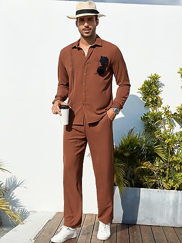 HANXMEN Men 2 Piece Linen Set Long Sleeve Button Down Cuban Shirt Casual Loose Pants Beach Vacation Outfits With Pocket,Brown,L
