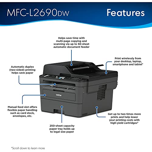 Brother MFC-L2690DW Monochrome Laser All-in-One Printer, Duplex Printing, Wireless Connectivity + Printer Cable