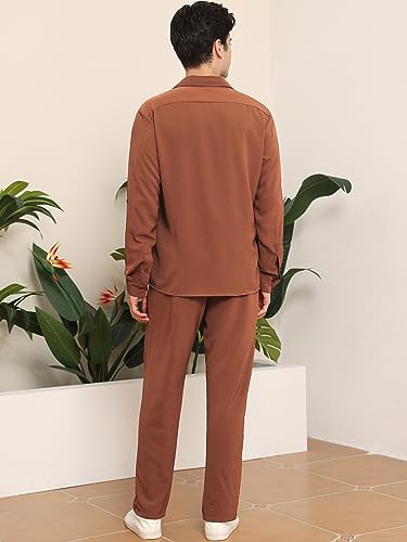 HANXMEN Men 2 Piece Linen Set Long Sleeve Button Down Cuban Shirt Casual Loose Pants Beach Vacation Outfits With Pocket,Brown,L