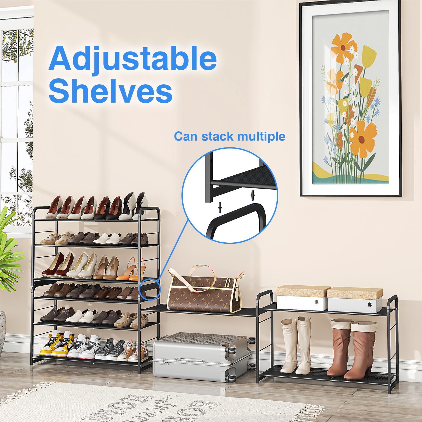 AIYAKA 3-Tier Shoe Rack Storage Organizer, Metal Stackable and Adjustable Shoe Rack for 12 Pairs of Shoes for Entryway Closet Doorway, Black