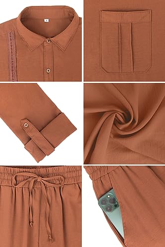 HANXMEN Men 2 Piece Linen Set Long Sleeve Button Down Cuban Shirt Casual Loose Pants Beach Vacation Outfits With Pocket,Brown,L