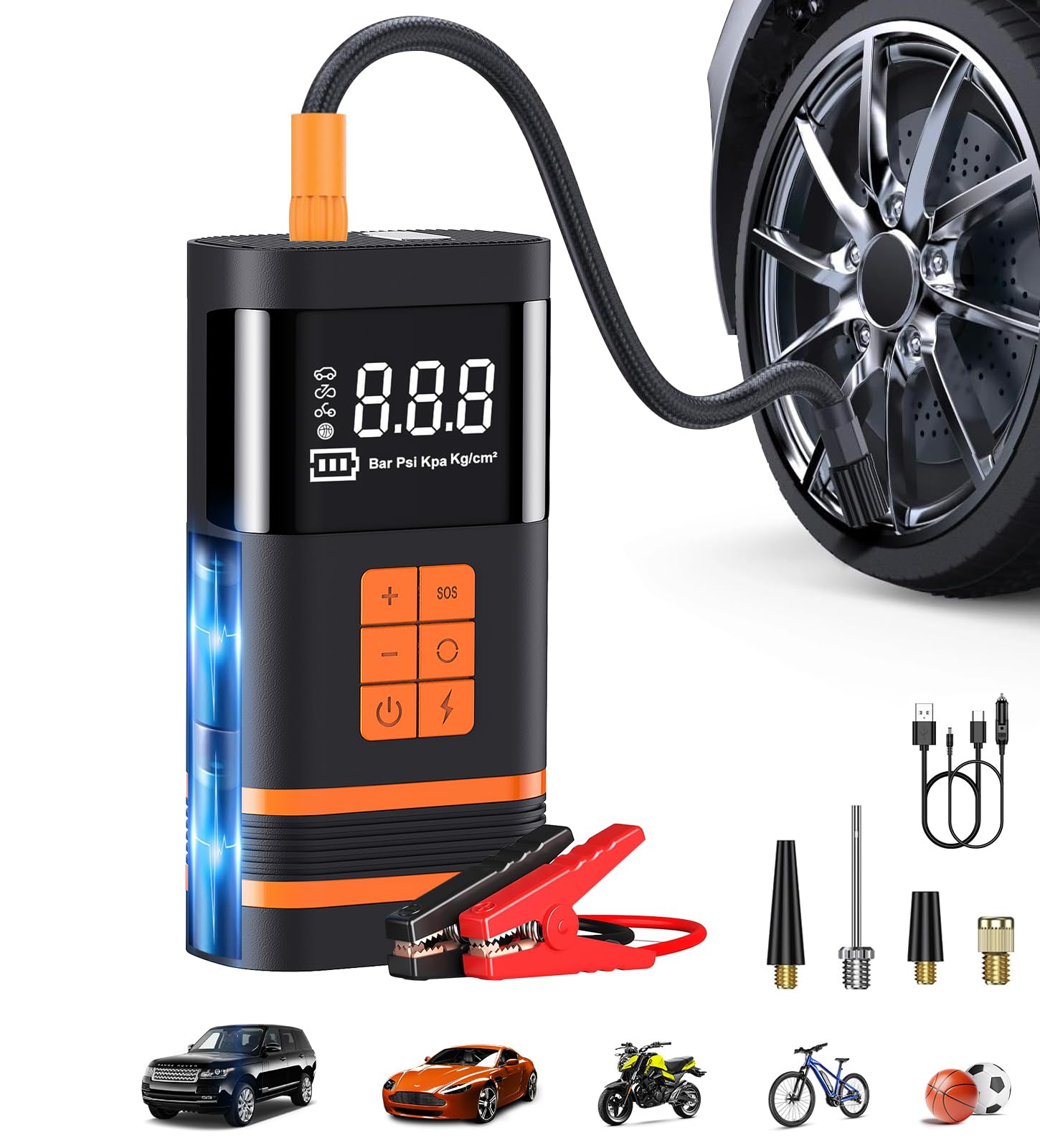 TURBO SII Jump Starter with Air Compressor,150 PSI Electric Air Pump for Car,4X Fast Inflation Tire Pump for car,Cordless Portable Tire Inflator with Digital Pressure Gauge for Car/Motor/Bike/Ball