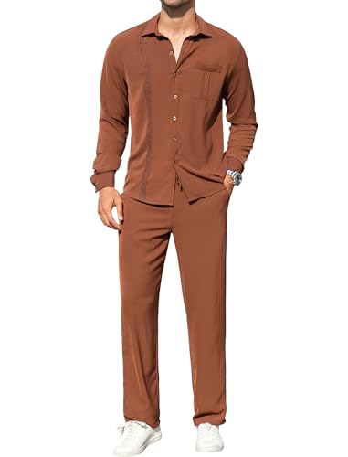 HANXMEN Men 2 Piece Linen Set Long Sleeve Button Down Cuban Shirt Casual Loose Pants Beach Vacation Outfits With Pocket,Brown,L