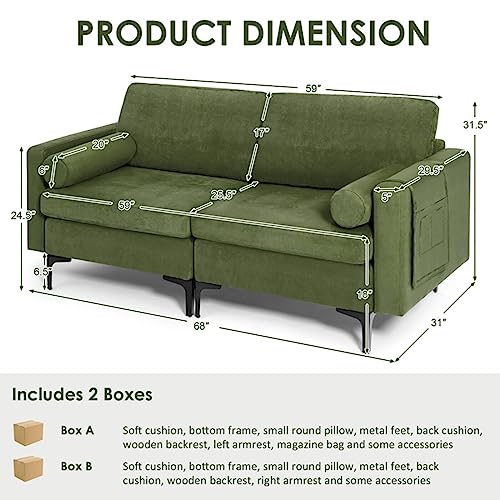 TUOCHUFUN Modern Loveseat Sofa Couch,Mid Century Couches for Living Room, Upholstered 2-Seat Love Seats with Pillow (Army Green)