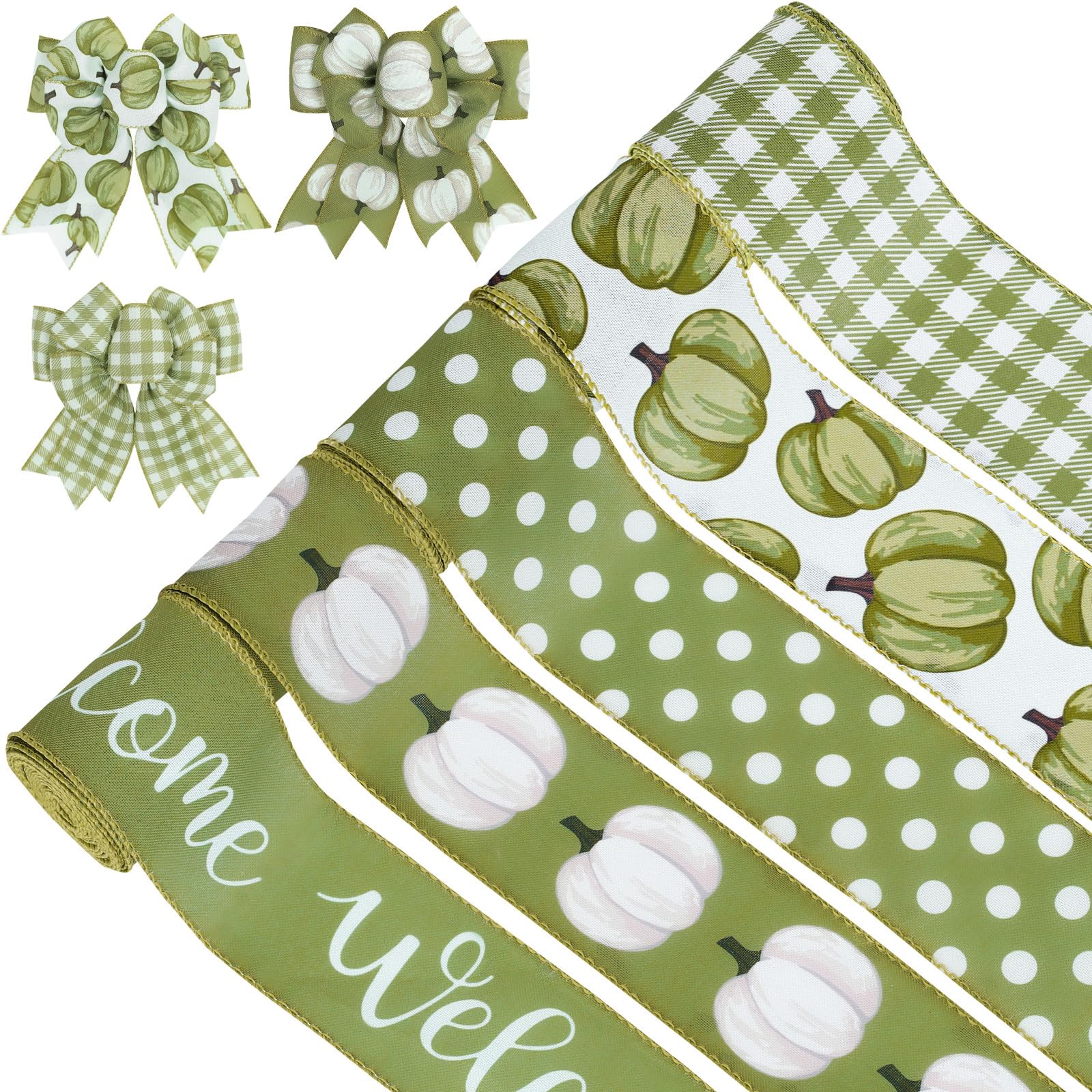 Whaline Fall Green Pumpkin Wired Edge Ribbon 30 Yards Farmhouse Rustic Autumn Thanksgiving Harvest Fabric Ribbon Welcome Plaids Polka Dots Craft Ribbon for Wreath Floral Bow DIY Crafts, 5 Roll