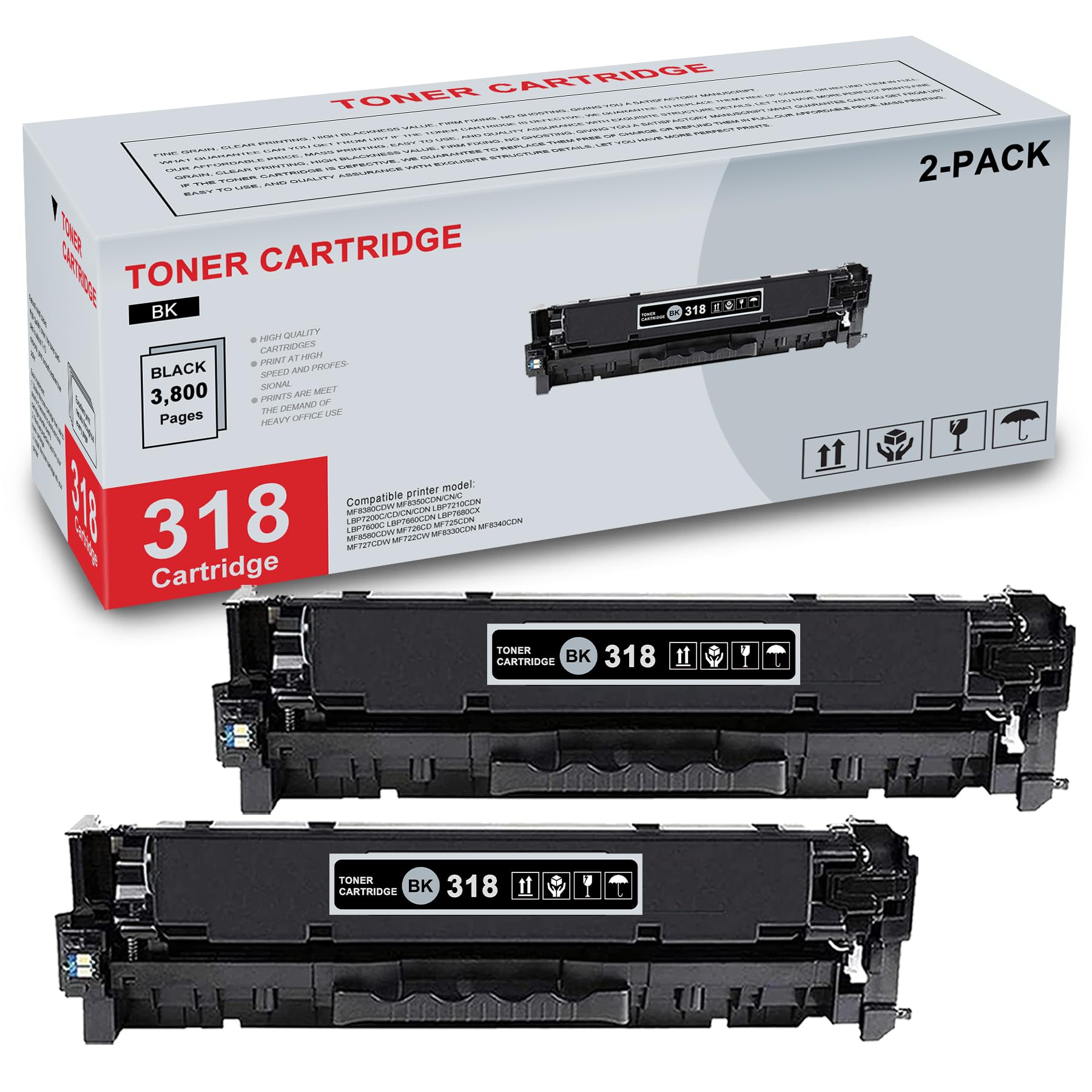 2-Pack CRG318 Black Toner Cartridge Remanufactured Compatible CRG318 Replacement for Canon MF8380Cdw LBP7210Cdn LBP7600C LBP7660Cdn MF722Cw MF8330Cdn MF8340Cdn Printer