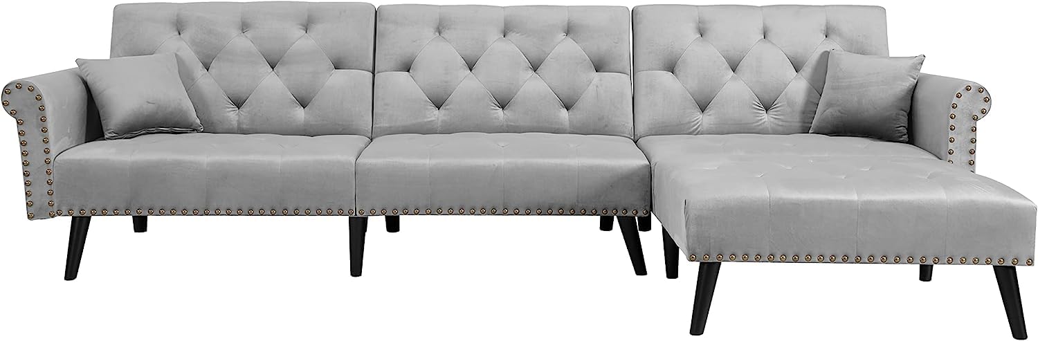 DNYN 115" Sectional Reversible Sofa with 2 Pillows & Chaise Lounge & Button Tufted L-Shaped Nailhead Decor Corner Sofá Convertible Sleeper Velvet Couch Bed for Living Room Furniture, Light Gray