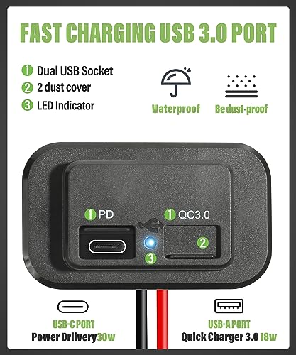 ESEWALAS 12V/24V USB Outlet,Dual PD3.0 Type-C (USB C) & Quick Charge QC3.0 USB-A Port Panel Mount,Car Charge Adapter 12V Quick Car Charger Socket Power Outlet,Car USB Socket (2PCS)