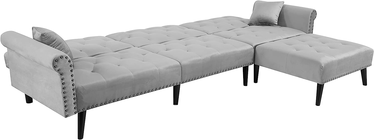 DNYN 115" Sectional Reversible Sofa with 2 Pillows & Chaise Lounge & Button Tufted L-Shaped Nailhead Decor Corner Sofá Convertible Sleeper Velvet Couch Bed for Living Room Furniture, Light Gray