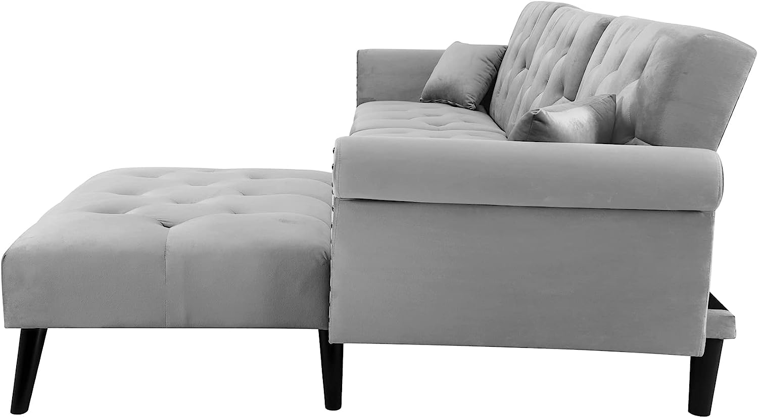 DNYN 115" Sectional Reversible Sofa with 2 Pillows & Chaise Lounge & Button Tufted L-Shaped Nailhead Decor Corner Sofá Convertible Sleeper Velvet Couch Bed for Living Room Furniture, Light Gray
