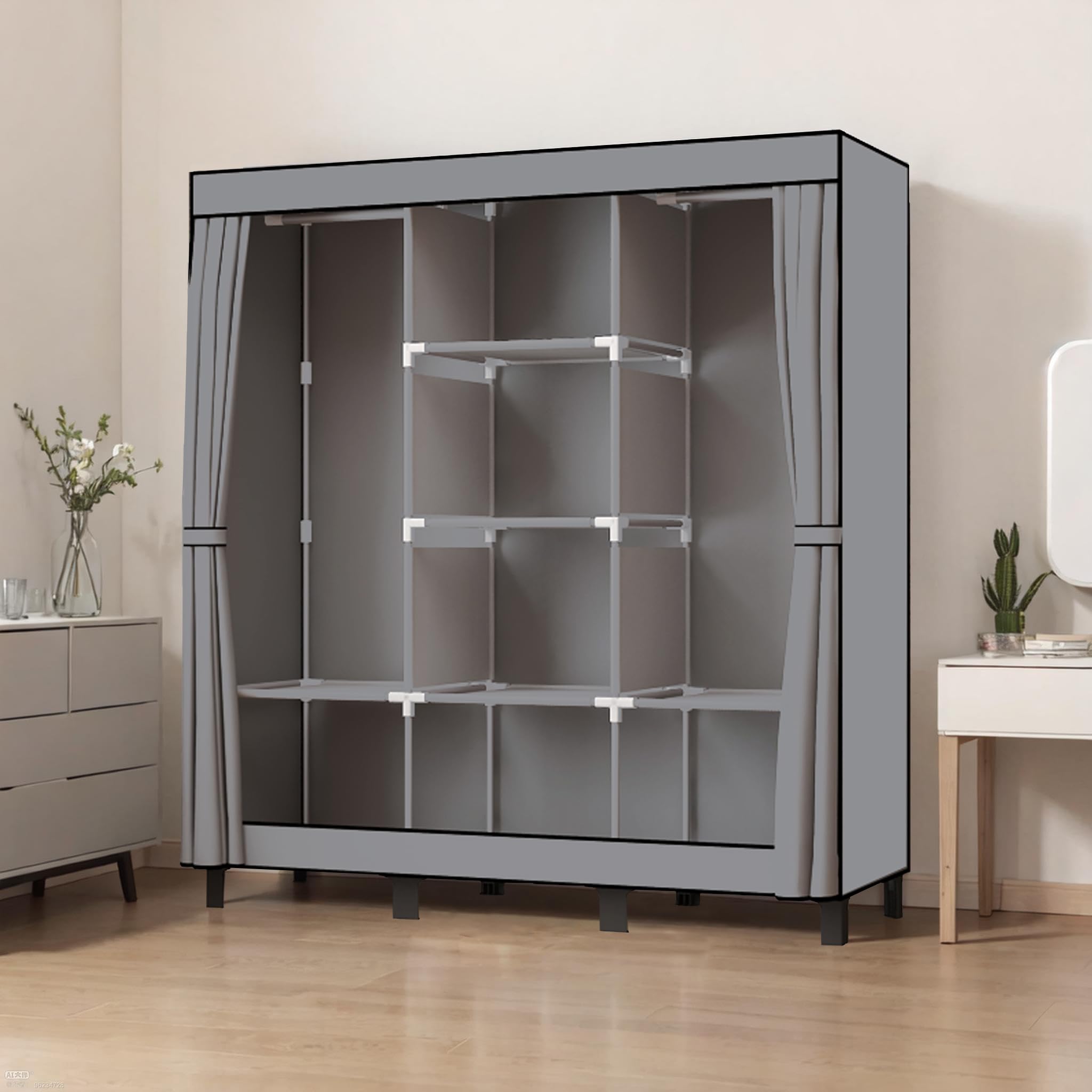 TKPKSELD Portable Closet Bedroom Wardrobe Storage with Non-Woven Fabric Cover, 8 Storage Organizer Shelves, 2 Hanging Rods for Hanging Clothes, Durable and Easy to Assemble, 69 x 49 x 17.7 Inches