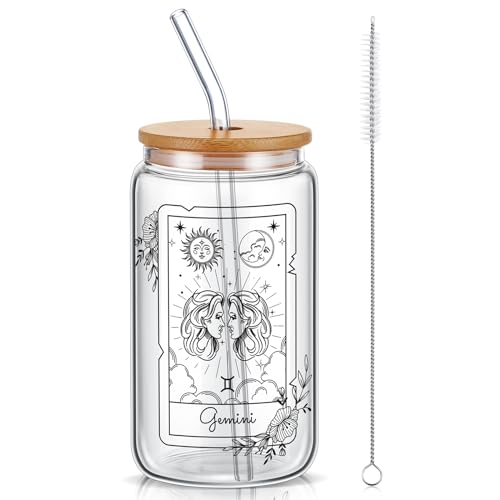 Uiifan 16 oz Zodiac Iced Coffee Glasses Beer Can Shaped Drinking Glasses Glass Cups with Lids and Straws Cleaning Brush Cute Drinking Jars Zodiac Gifts for Women Men Tea Soda (Gemini Style)