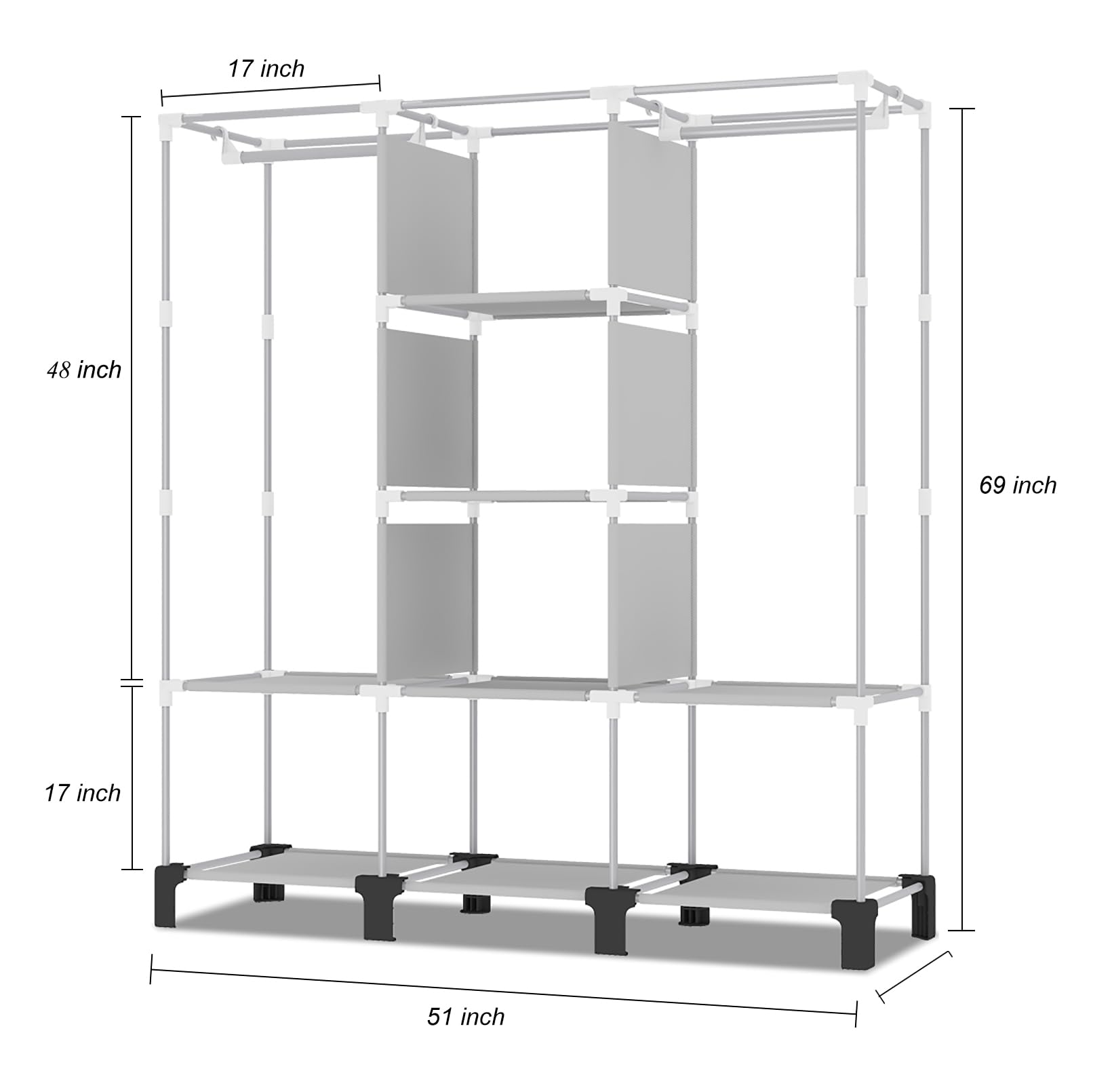 TKPKSELD Portable Closet Bedroom Wardrobe Storage with Non-Woven Fabric Cover, 8 Storage Organizer Shelves, 2 Hanging Rods for Hanging Clothes, Durable and Easy to Assemble, 69 x 49 x 17.7 Inches