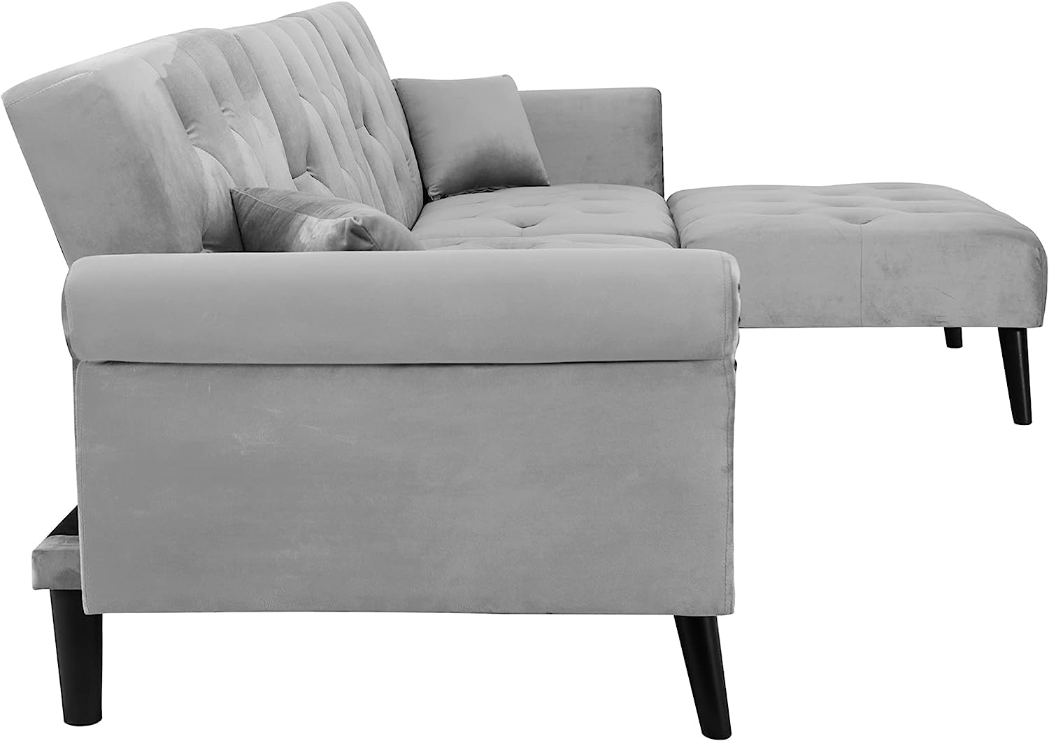 DNYN 115" Sectional Reversible Sofa with 2 Pillows & Chaise Lounge & Button Tufted L-Shaped Nailhead Decor Corner Sofá Convertible Sleeper Velvet Couch Bed for Living Room Furniture, Light Gray
