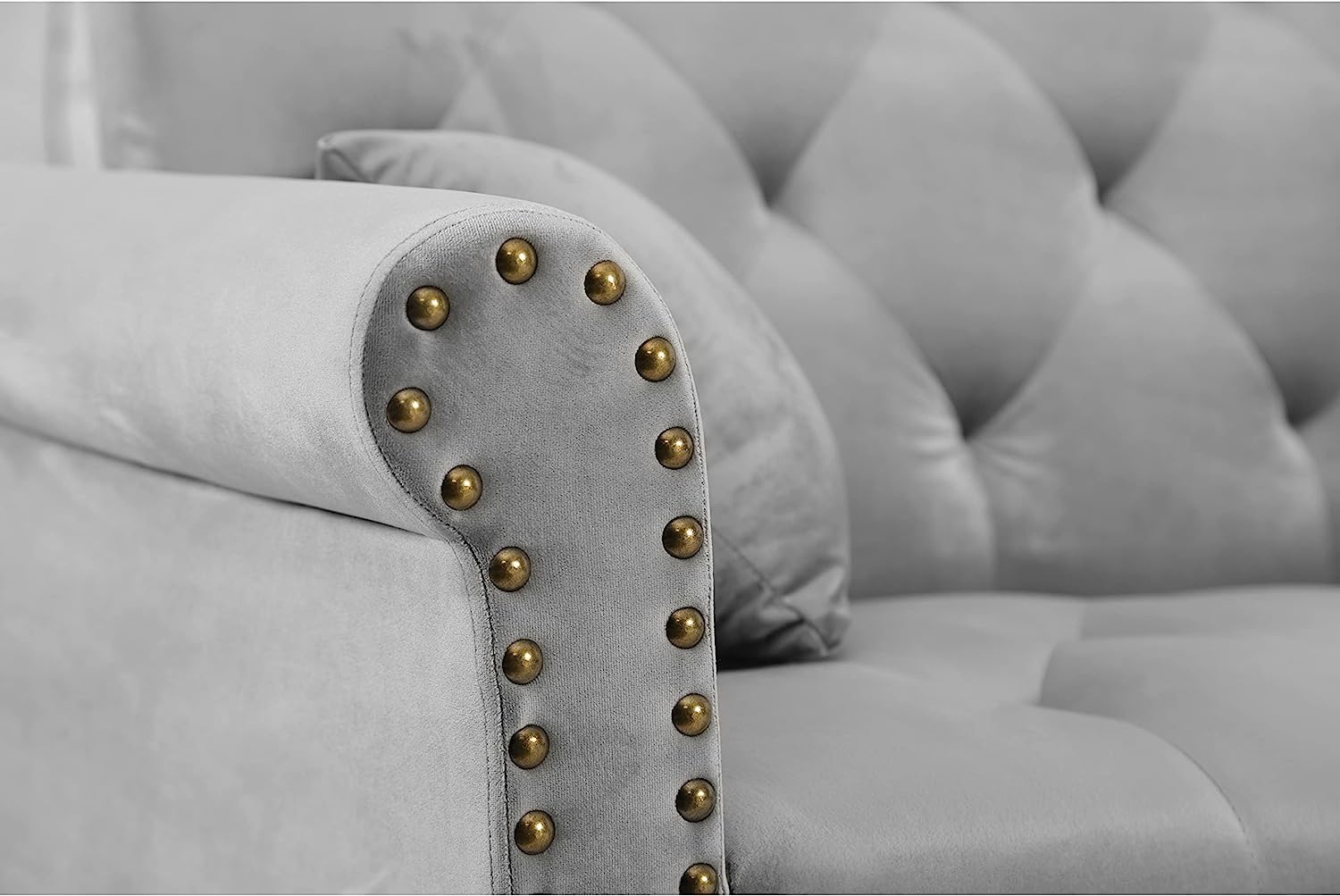 DNYN 115" Sectional Reversible Sofa with 2 Pillows & Chaise Lounge & Button Tufted L-Shaped Nailhead Decor Corner Sofá Convertible Sleeper Velvet Couch Bed for Living Room Furniture, Light Gray