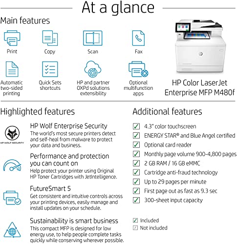 HP Laserjet Enterprise MFP M480f All-in-One Wired Color Laser Printer, White - Print Scan Copy Fax - 4.3" Touchscreen, 29 ppm, Auto Duplex Printing, 50-Sheet ADF, Ethernet, Cbmou External Webcam