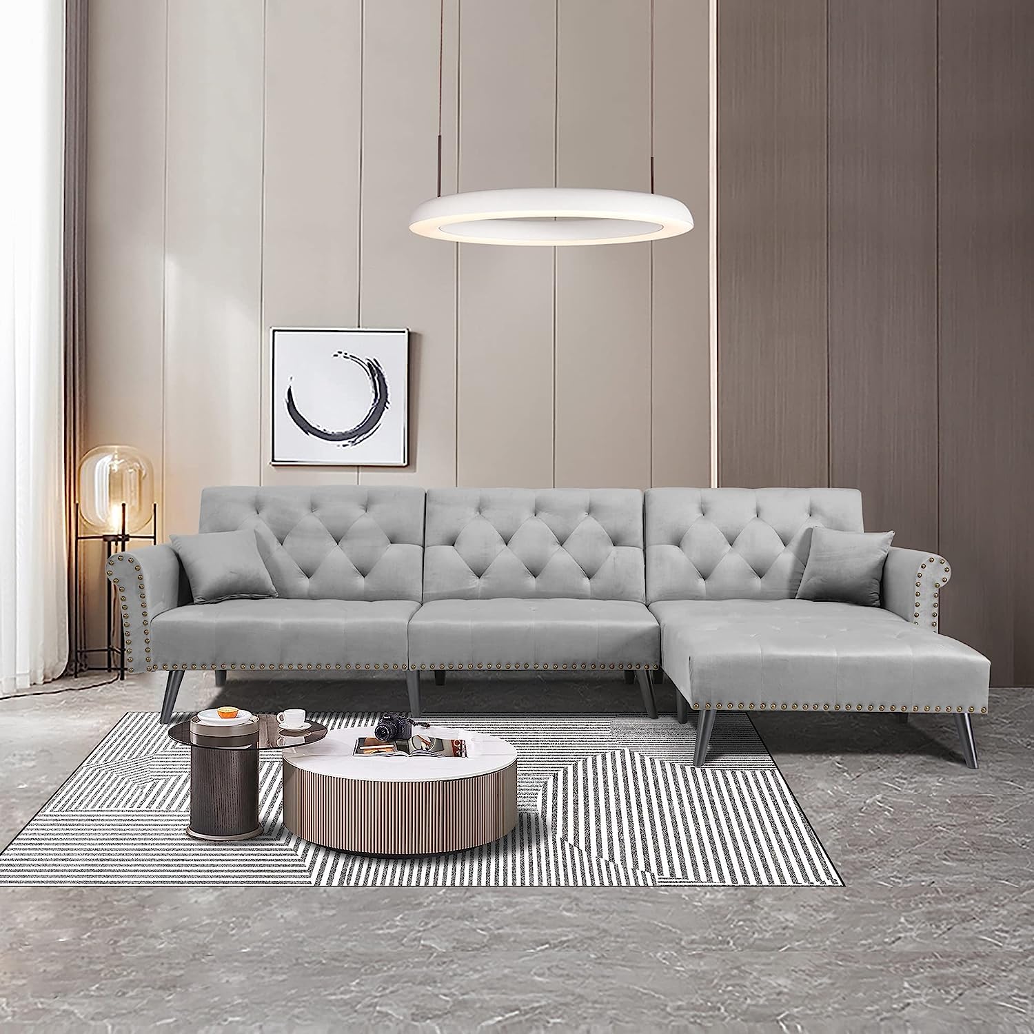 DNYN 115" Sectional Reversible Sofa with 2 Pillows & Chaise Lounge & Button Tufted L-Shaped Nailhead Decor Corner Sofá Convertible Sleeper Velvet Couch Bed for Living Room Furniture, Light Gray