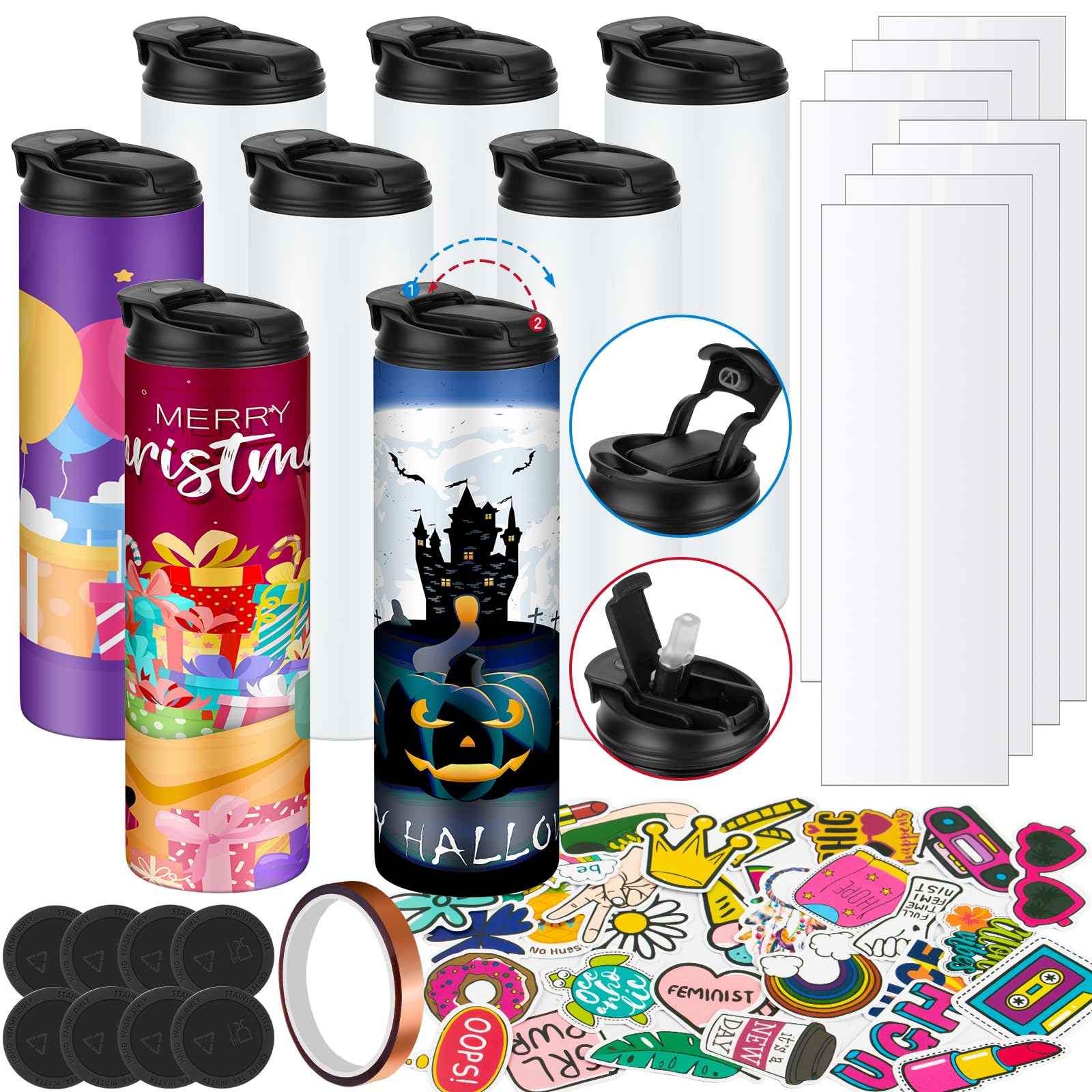 8 Pack 20 oz Sublimation Tumblers Dual Opening Blank Bottles Triple-Insulated Stainless Steel Water Bottle with Straw Lid Blank Tumbler Bulk with Shrink Wrap, Rubber Base, Heat Tape for Heat Transfer