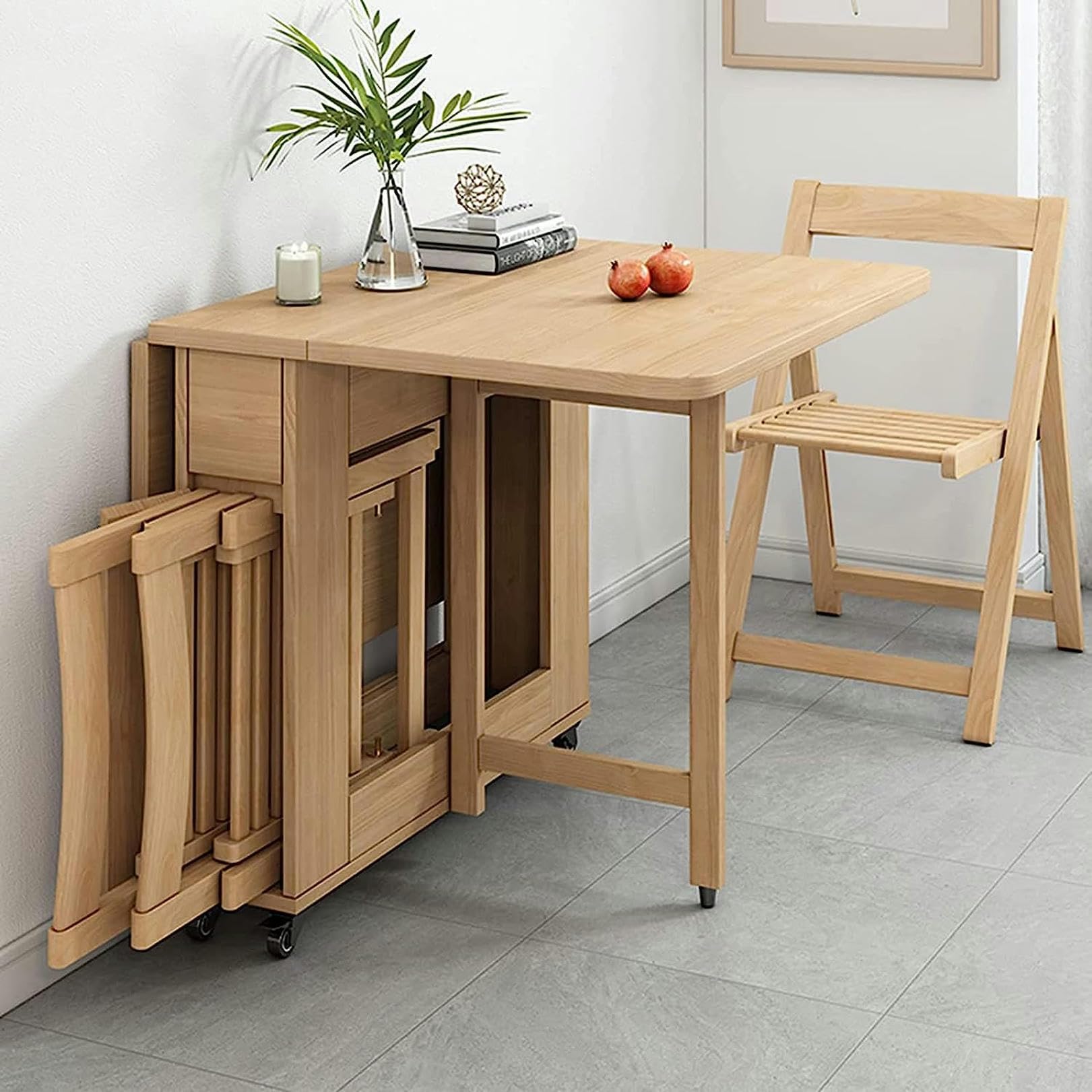 Shykey Extendable Dining Table Set, Wooden Drop Leaf Table with 4 Dining Chairs, Folding Dining Table for Kitchen Restaurant Dining Room Living Room-140cm