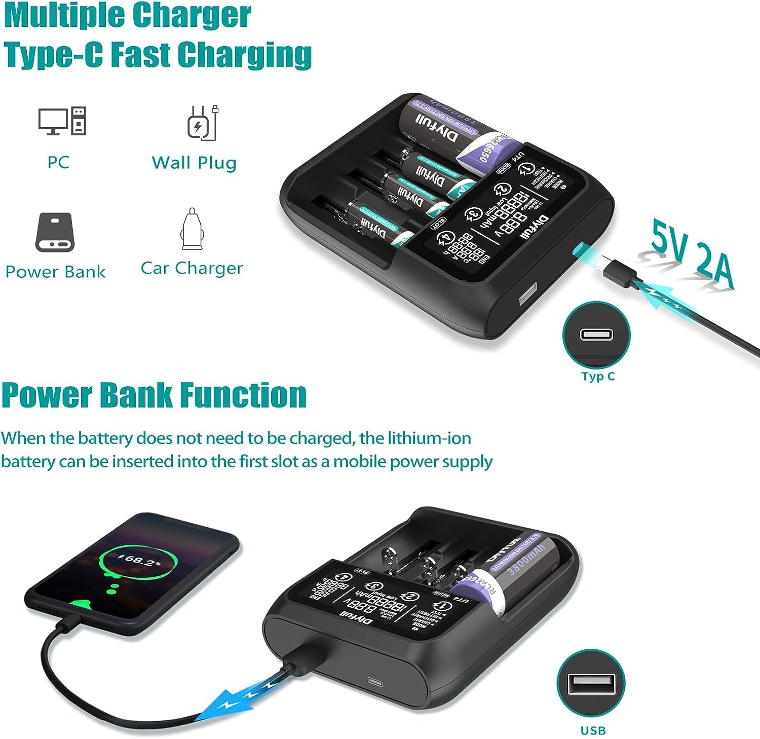 Dlyfull 18650 Battery Charger, LCD Universal Battery Charger with Discharge, Refresh and Test Functions for Ni-MH, Ni-Cd, AA, AAA, C, D, Li-ion, IMR, INR, ICR and LiFePO4 Rechargeable Batteries