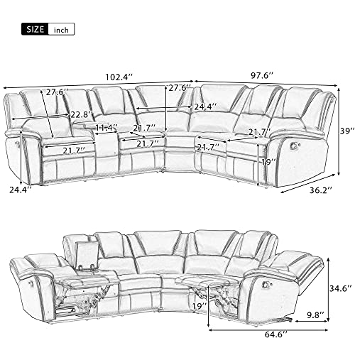 FANYE L-Shaped Manual Motion Sectional, PU Leather Upholstered Corner Recliner Sofa & Couch 2 Chaises W/Storage Console,Cupholders and LED Stripes for Home Apartment Living Room, Brown