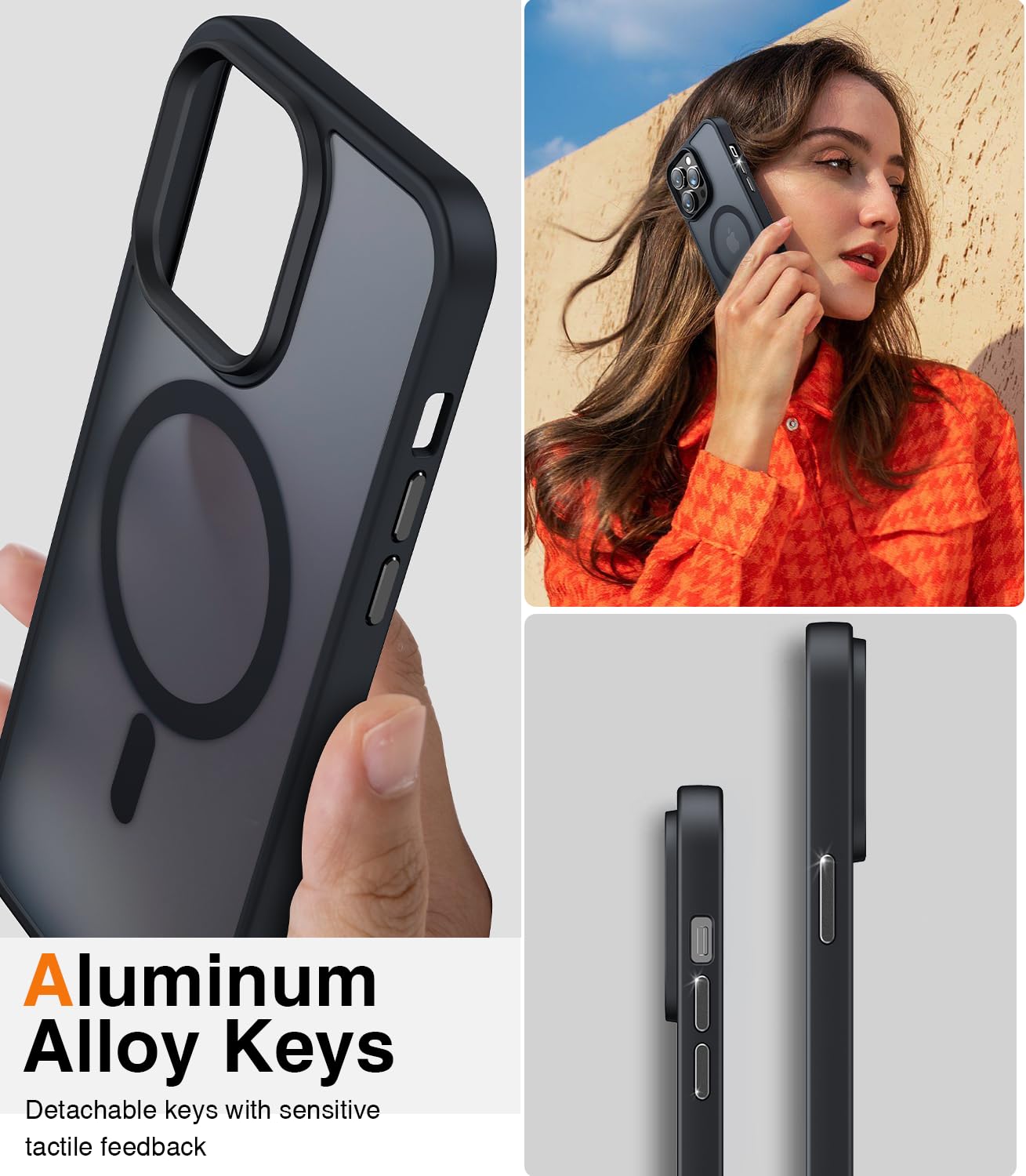 Meifigno Magic Mag Series for iPhone 14 Pro Max Case, [Military Grade Protection & Compatible with MagSafe], Translucent Matte Back with Aluminum Alloy Keys, for iPhone 14 Pro Max 6.7", Black