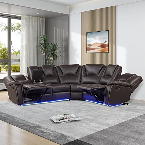 FANYE L-Shaped Manual Motion Sectional, PU Leather Upholstered Corner Recliner Sofa & Couch 2 Chaises W/Storage Console,Cupholders and LED Stripes for Home Apartment Living Room, Brown