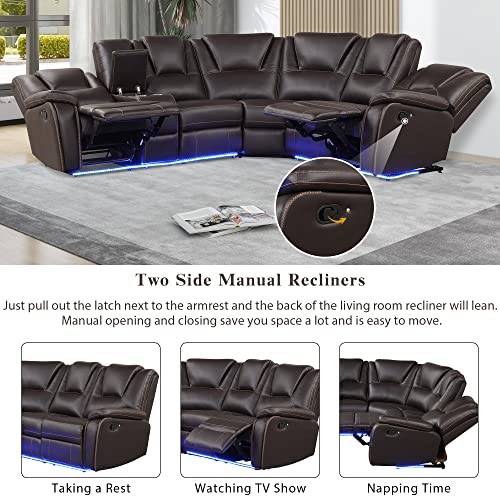 FANYE L-Shaped Manual Motion Sectional, PU Leather Upholstered Corner Recliner Sofa & Couch 2 Chaises W/Storage Console,Cupholders and LED Stripes for Home Apartment Living Room, Brown