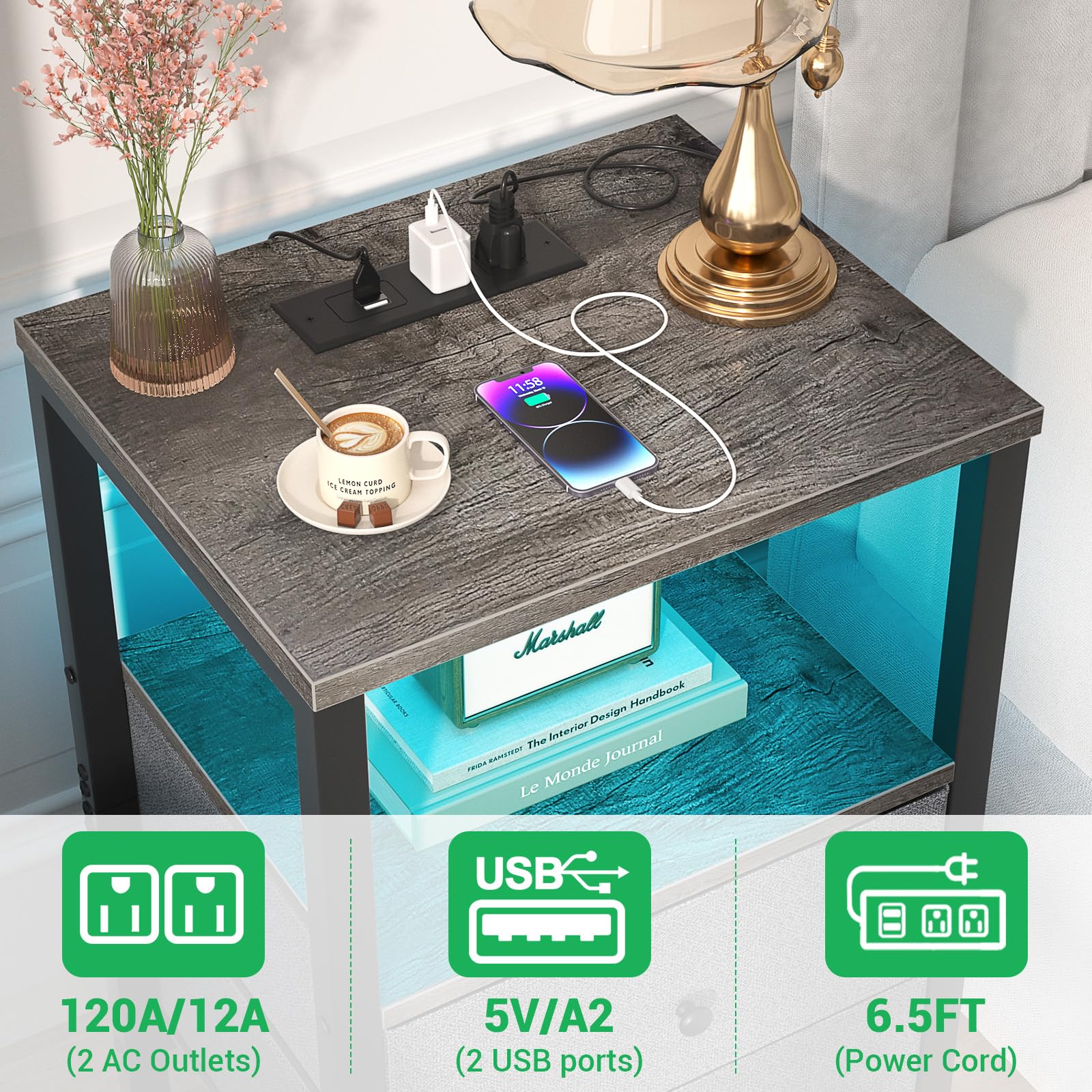 Cyclysio NightStands Set of 2 with LED Lights, Night Stand with Charging Station, 25.6'' Bedside Tables with 2 Drawers for Bedroom Living Room, Grey