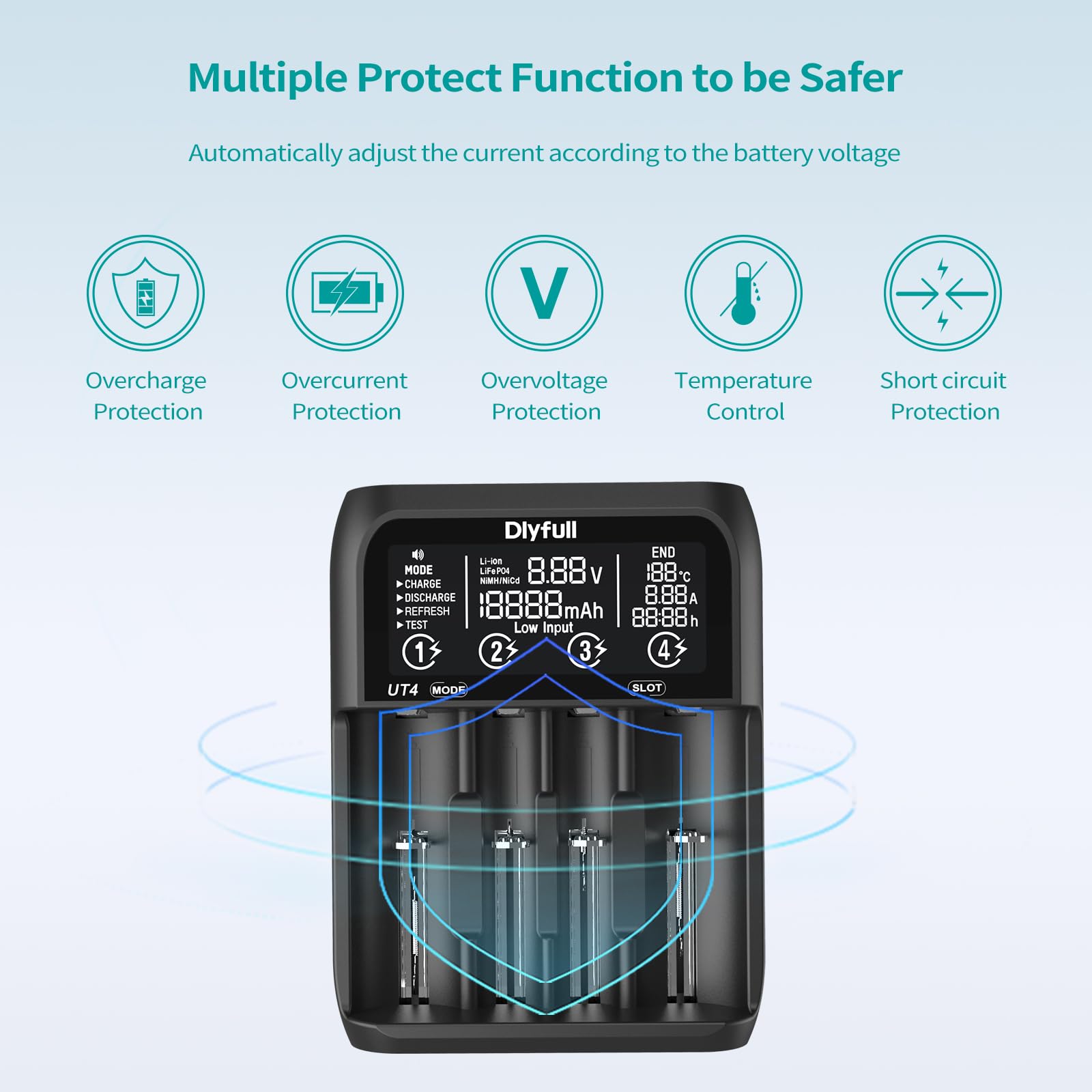 Dlyfull 18650 Battery Charger, LCD Universal Battery Charger with Discharge, Refresh and Test Functions for Ni-MH, Ni-Cd, AA, AAA, C, D, Li-ion, IMR, INR, ICR and LiFePO4 Rechargeable Batteries
