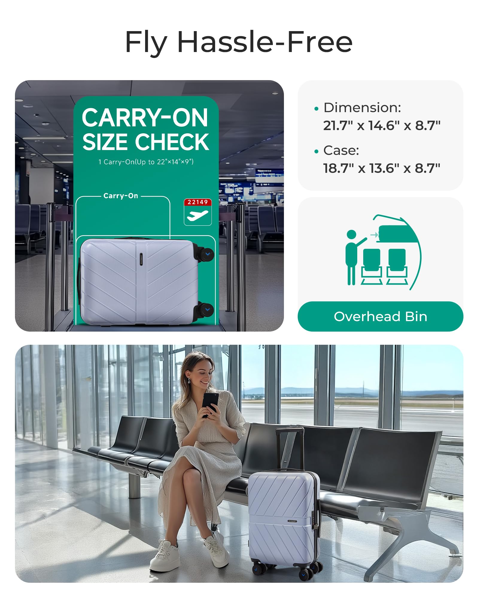 BAGSMART Carry On Luggage 22x14x9 Airline Approved, 20 Inch Lightweight Carry On Suitcase, Hard Shell Luggage with Spinner Wheels, 20 Inch Rolling Suitcases, Purple