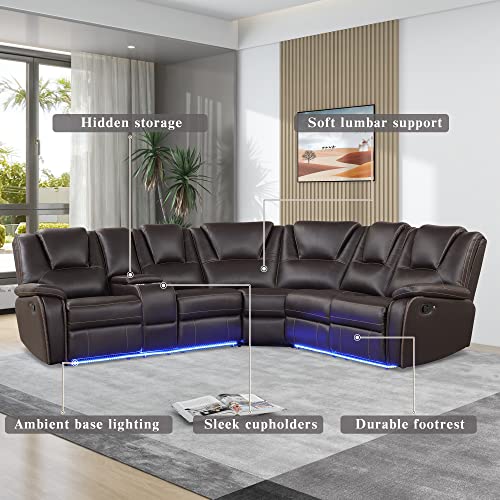 FANYE L-Shaped Manual Motion Sectional, PU Leather Upholstered Corner Recliner Sofa & Couch 2 Chaises W/Storage Console,Cupholders and LED Stripes for Home Apartment Living Room, Brown