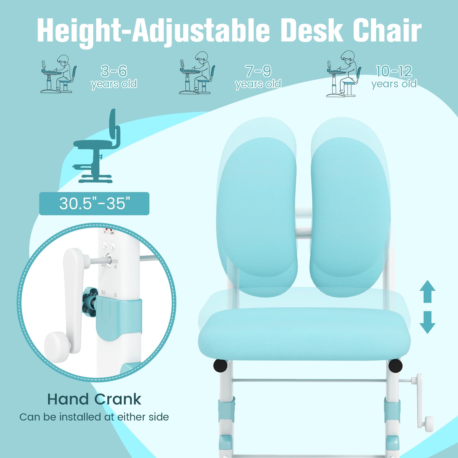 Costzon Kids Desk Chair, Height Adjustable Student Study Task Chair with Double Back Support, Rotatable Footrests, Mesh Ergonomic Office Chair, Kids Computer Chair for Boys Girls Bedroom School, Blue