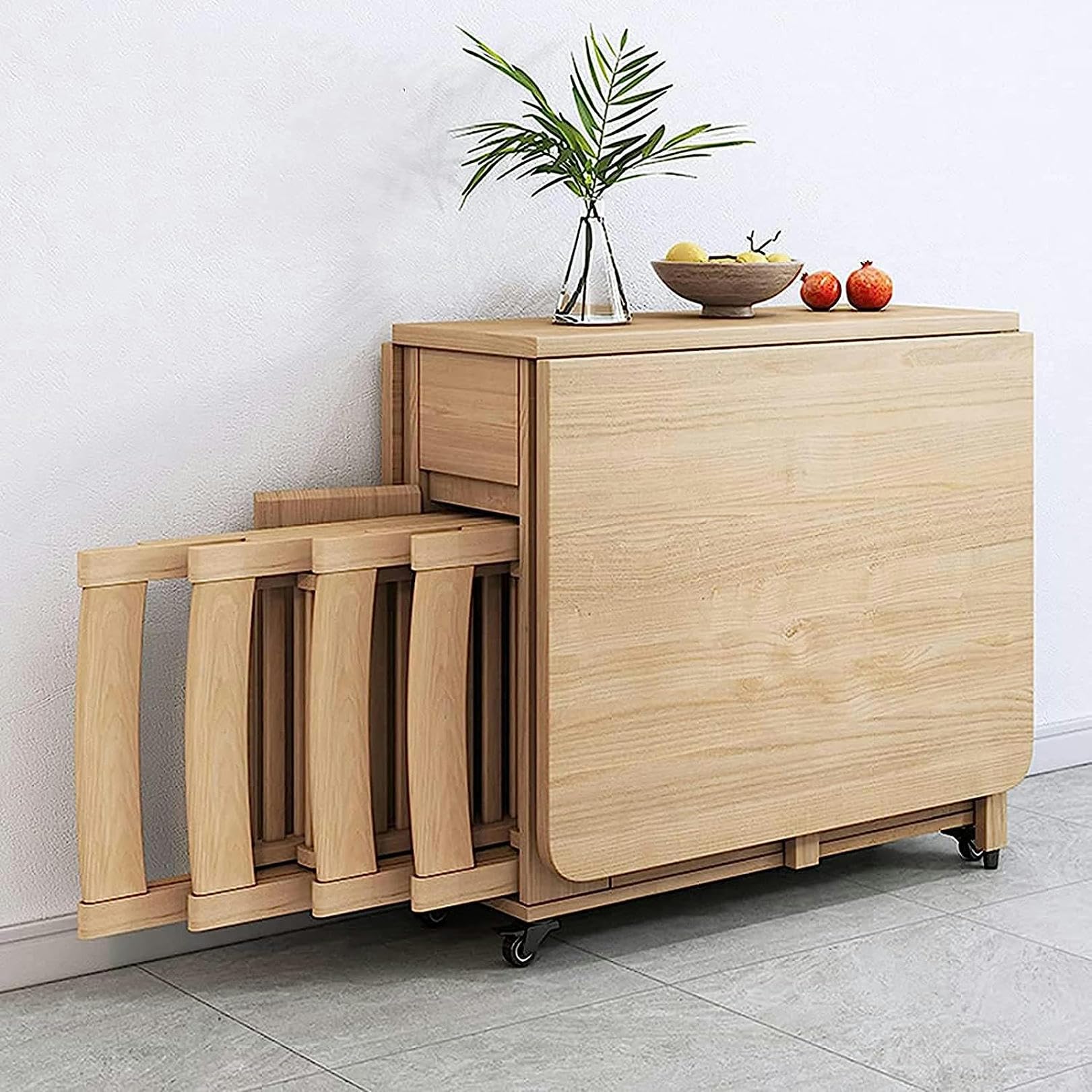 Dining Table Set, Solid Wood Drop Leaf Table, Extendable Moveable Folding Table with Wheels and 4 Chair, Saving Space, Round Edge Design, for Kitchen Dining Room
