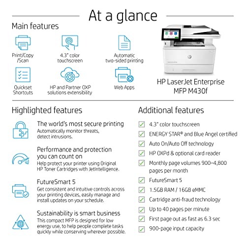 HP Laserjet Enterprise MFP M430f All-in-One Wired Monochrome Laser Printer - Print Scan Copy Fax - 40 ppm, 1200x1200 dpi, 2GB Memory, Auto Duplex Printing, 50-Sheet ADF, Ethernet, Cbmou Printer_Cable